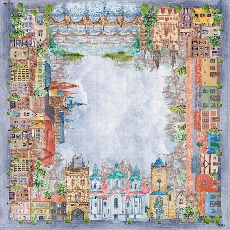 Lenbutik Lněný, luxusní, ubrus Barevná Praha/ Colourfull Praque Rozměry ubrusů: 100x100 cm