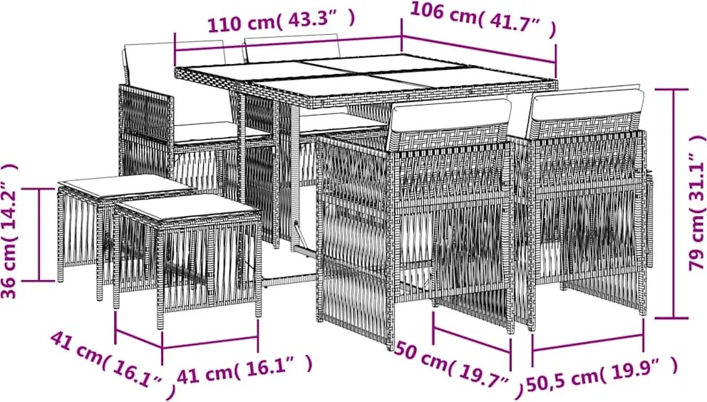 9dílný zahradní jídelní set s poduškami černý polyratan 3210955