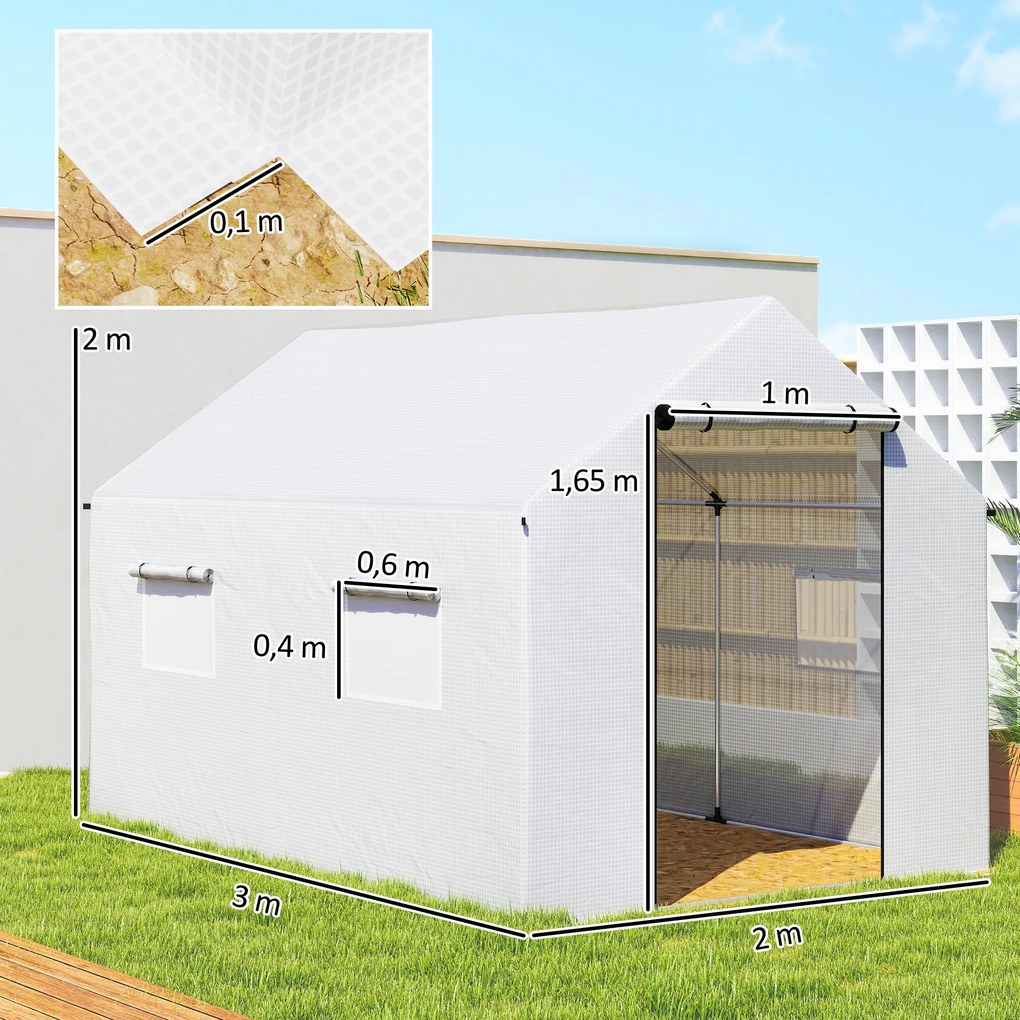Outsunny Zahradní Skleník 2x3x2 m Tunelový Skleník s 4 Síťovými Okny a Zipovým Dvéřím Proti UV pro Terasu Zahradu Bílý