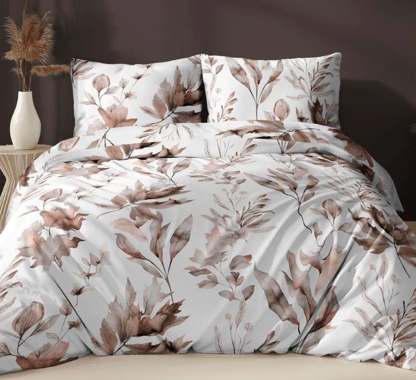 Bavlněné povlečení 140x200 bílá béžová listy na zip 4835 C KARO Cotton Max