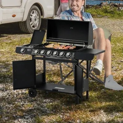 Outsunny plynový gril se 7 hořáky, včetně teploměru, BBQ gril, mobilní gril, černý