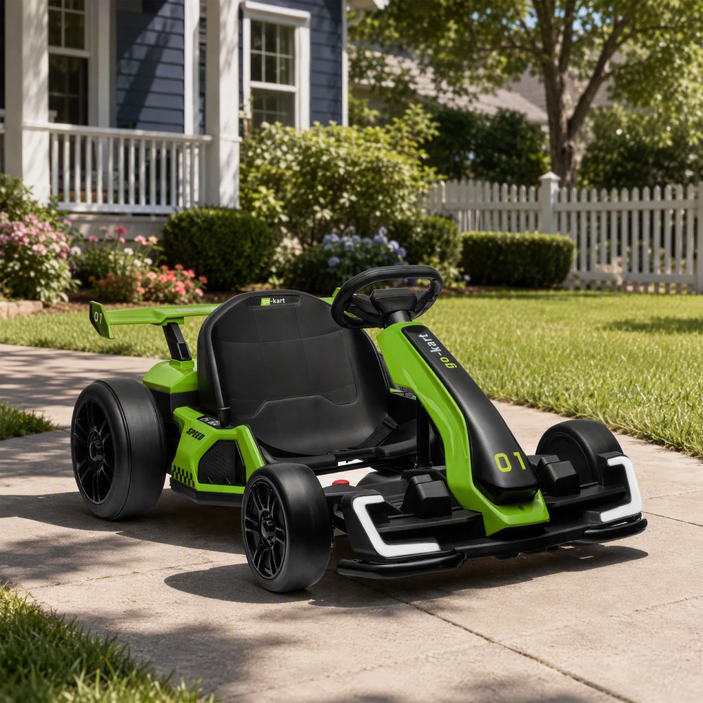 HOMCOM Elektrické Go-Kart pro Děti 6-12 Let 24V 6-12km/h s Nastavitelným Sedadlem, 2 Motory, Drift Go-Kart s Klaksonem, Světly a Hudbou, Zelené
