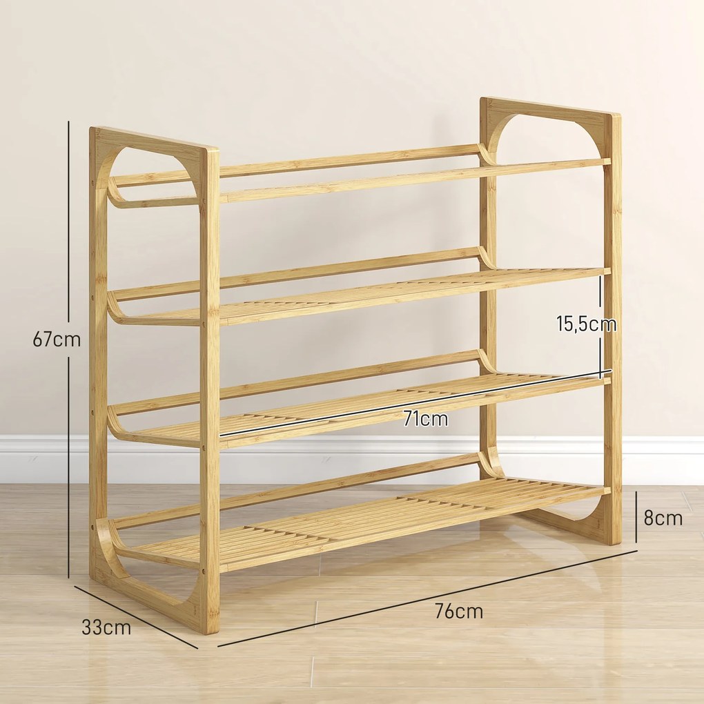 HOMCOM Botník, Stojan na boty se 4 úrovněmi z bambusu, pro max. 12 párů bot, policový botník s rukojetí do předsíně, ložnice, 76 x 33 x 67 cm, Přírod…