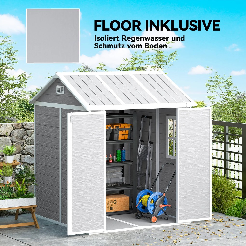 Zahradní kůlna Outsunny s povrchem připomínajícím staré dřevo, 2,91 m², s dvojitými dveřmi a zámkem, šikmou střechou, 181x181x220 cm, šedá