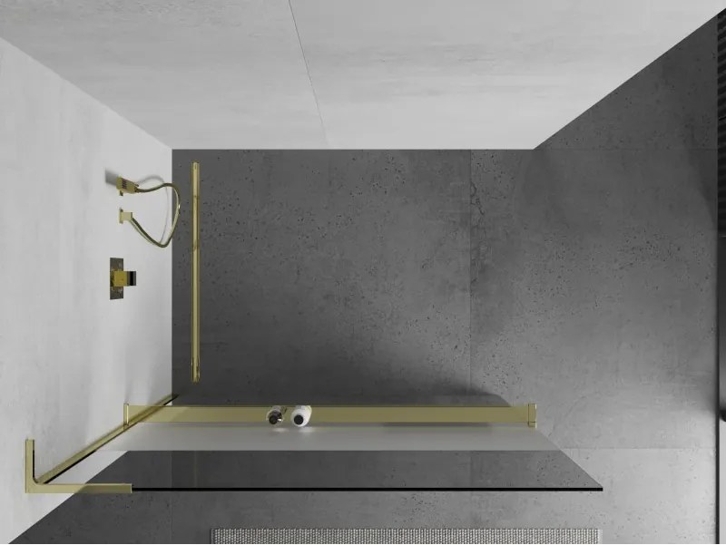 Mexen Kioto+ L, sprchová zástěna Walk-In s poličkou a věšákem 100 x 200 cm, 8mm čiré sklo-námraza, zlatý lesklý profil, 800-100-123-50-35