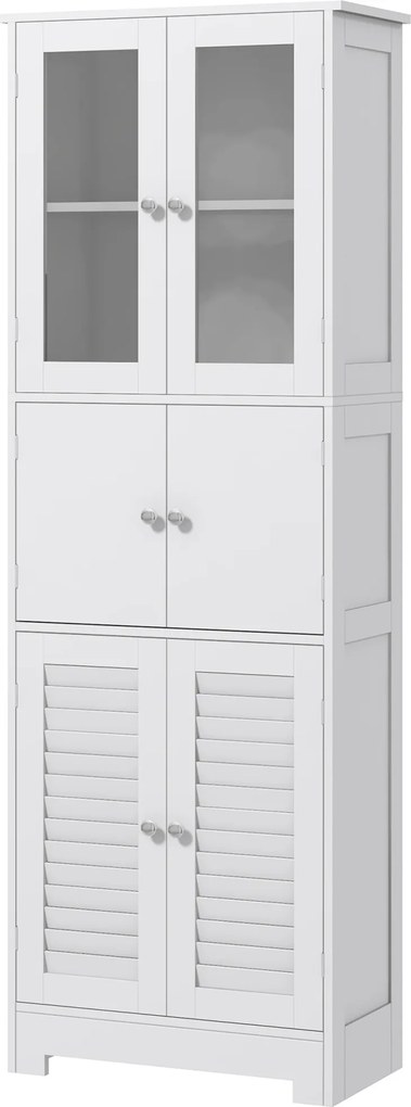 HOMCOM Sloupcový pomocný nábytek do koupelny s 6 dveřmi, nastavitelnými policemi a protiskluzovým designem moderní koupelnová skříň 60x30x170,5 cm bí…