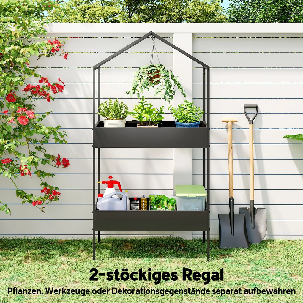Outsunny Stojan na květiny 2 patra, kovový regál ve tvaru domu, 150 cm, s háčkem, černý