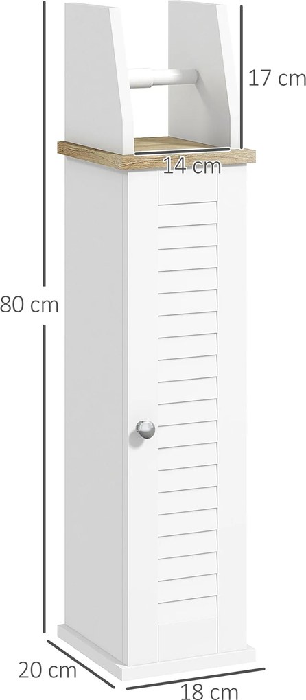 kleankin Moderní Koupelnová Skříňka - Pomocná Sloupcová Koupelnová Skříňka s Nastavitelnými Policemi a Držákem na Toaletní Papír 18x20x80 cm Bílá