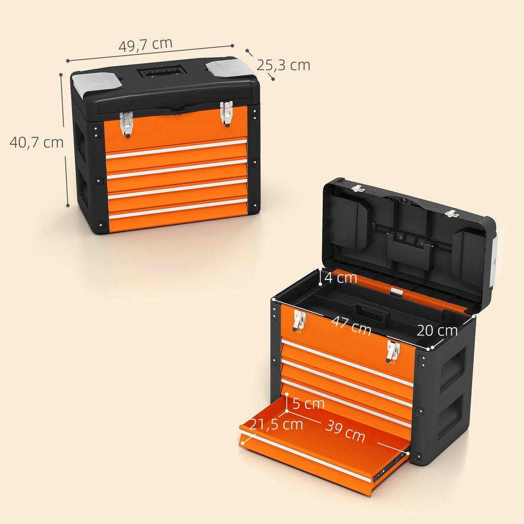 HOMCOM Prázdná pracovní zásuvka, 49,7 x 25,3 x 40,7 cm, box s 4 zásuvkami, mini box, horní skladovací prostor, rukojeť, ocelový box, oranžový