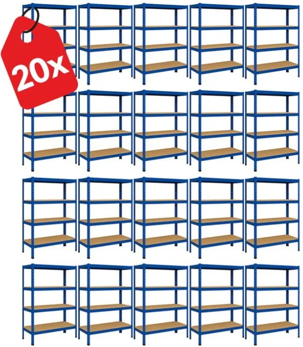 Akce 20x Regál 150x70x30 cm lakovaný 4-policový, nosnost 700 kg - modrý