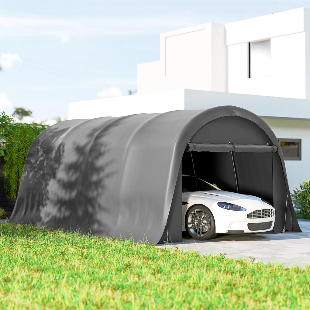 Outsunny přístřešek na auto 3 × 6 m – voděodolný úložný stan s odnímatelnými bočnicemi, velkými rolovacími dveřmi na zip, zakřivenou střechou, UPF50+…