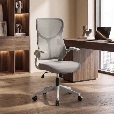 HOMCOM Ergonomická kancelářská židle z mesh, otočná židle s vysokým opěradlem a sklápěcími područkami, s houpací funkcí, šedá