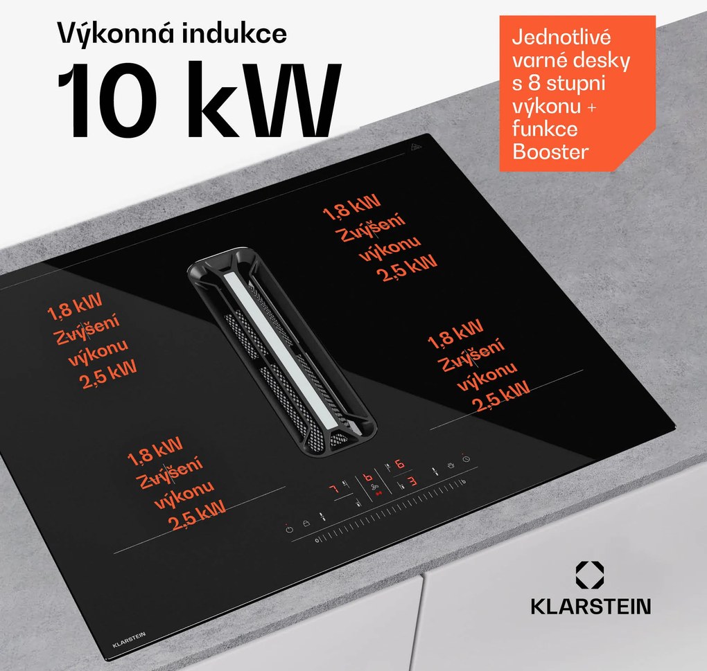 Klarstein AirJet Hybrid Down Air System, Indukční varná deska s integrovanou digestoří, 477 m³/h, EEK A+