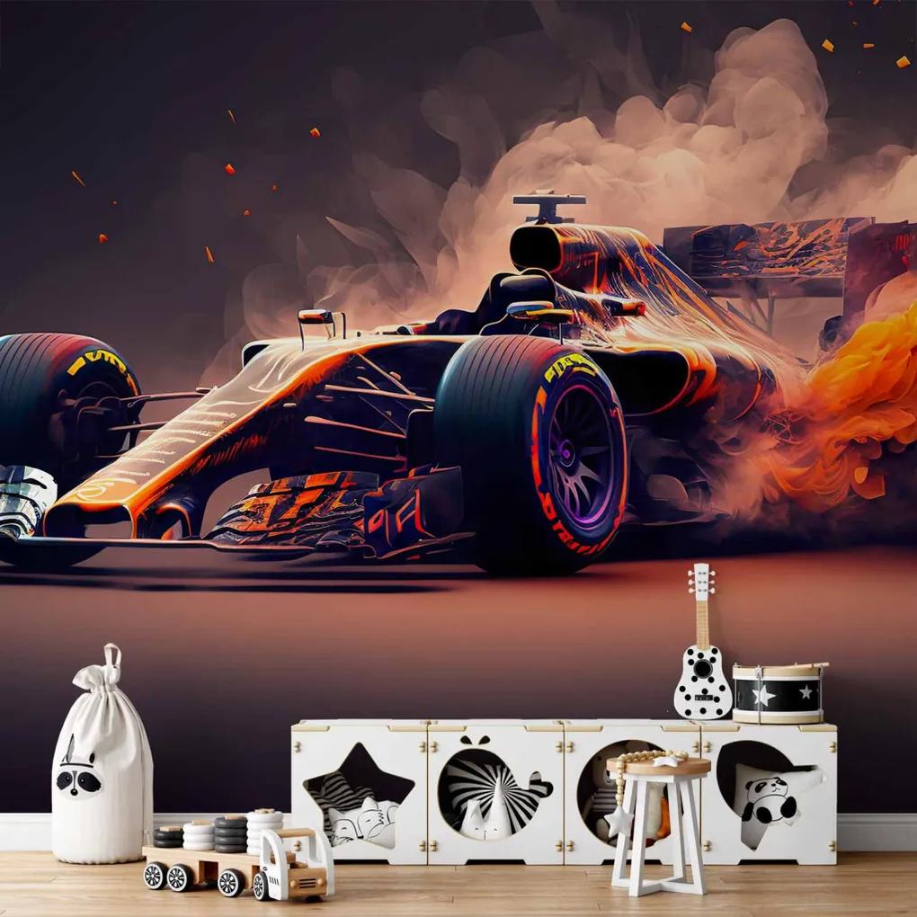 Fototapeta Ohnivý závodník - hořící vůz formule 1 inspirovaný videohrami