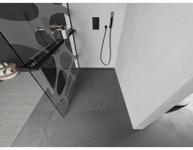 Mexen Kioto+ L, sprchová zástěna Walk-In s poličkou a věšákem 100 x 200 cm, 8mm čiré sklo bílý vzor, černý profil, 800-100-123-70-97