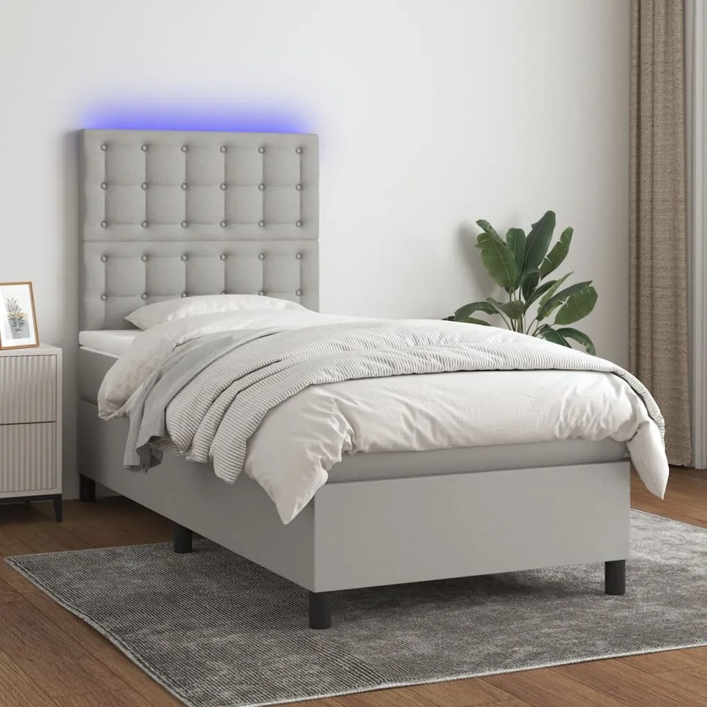 Box spring postel s matrací a LED světle šedá 100x200 cm textil