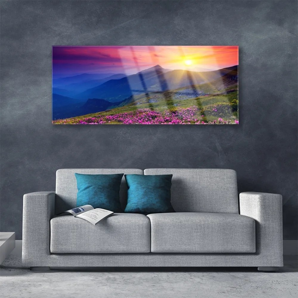 akrylový obraz Hory Květ Louka Krajina 125x50 cm
