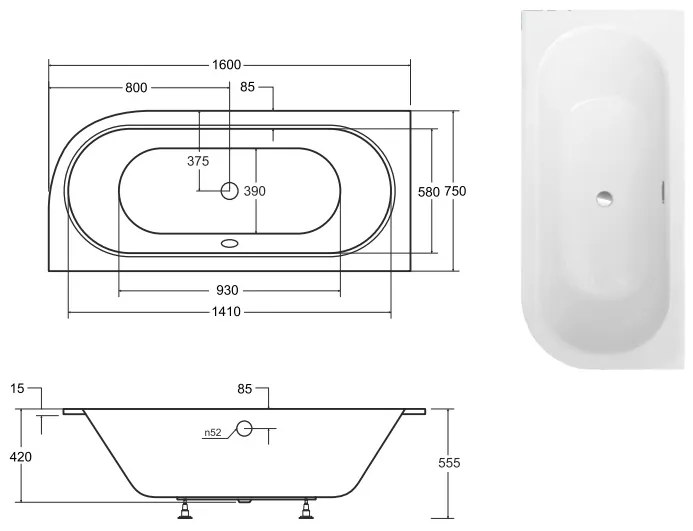 Besco Avita Slim Plus akrylátová vana včetně chromového sifonu a přepadu Délka vany: 150cm, Orientace: Levá