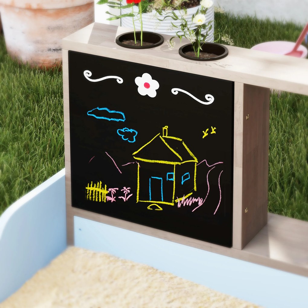 AIYAPLAY Pískoviště se stříškou, design obchodu, lavice, kreslicí deska, jedlové dřevo, 104H x 108L x 90W cm, modrá barva