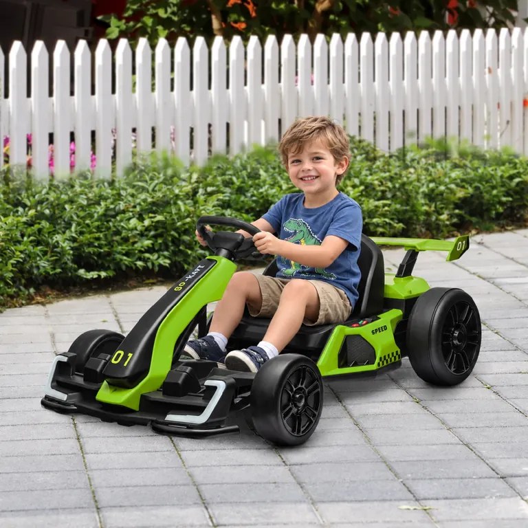 HOMCOM Elektrické Go-Kart pro Děti 6-12 Let 24V 6-12km/h s Nastavitelným Sedadlem, 2 Motory, Drift Go-Kart s Klaksonem, Světly a Hudbou, Zelené