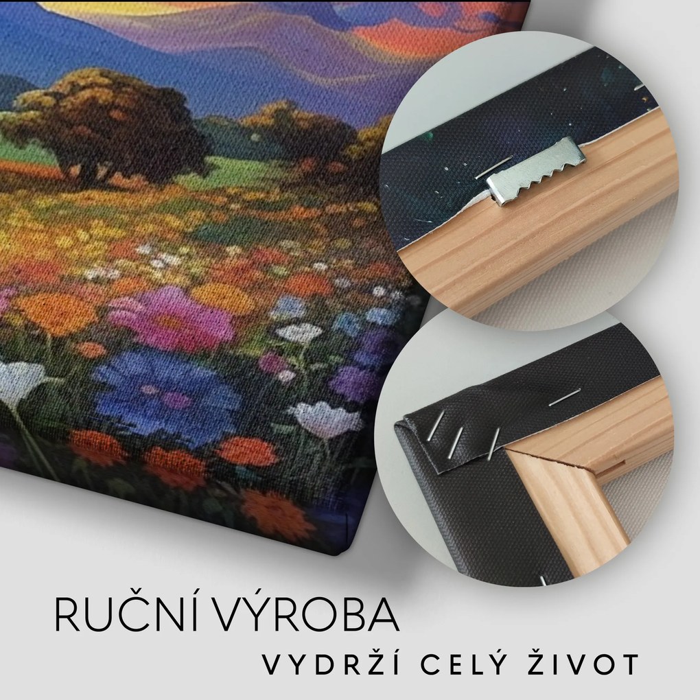 Obraz na plátně - Květinová krajina při západu slunce FeelHappy.cz Velikost obrazu (šířka x výška): 240 x 80 cm