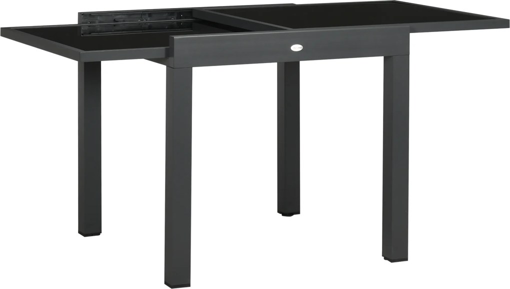 Rozkládací zahradní stůl Outsunny z hliníku s obdélníkovým tvarem a tvrzeným sklem pro 4-6 osob, nosnost 50 kg, rozměry 80-160x80x75 cm, černý