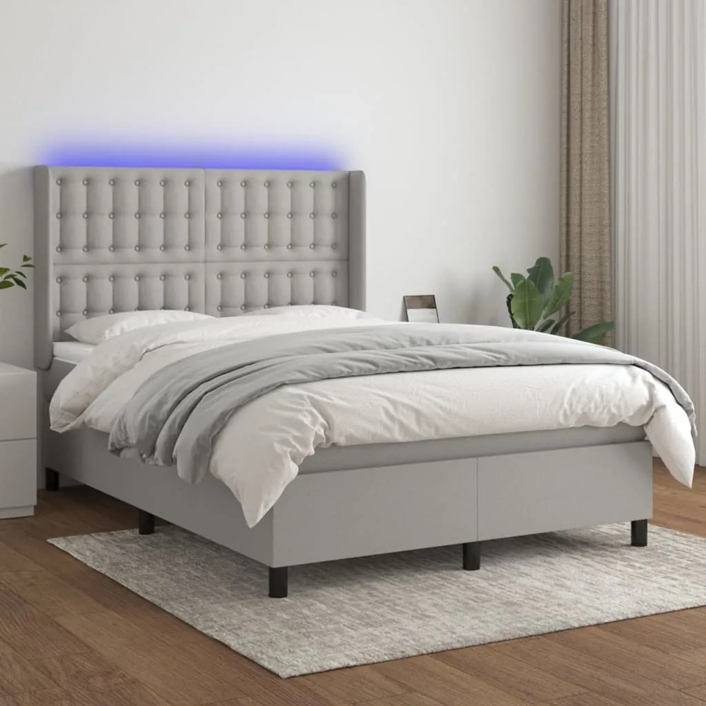 Box spring postel s matrací a LED světle šedá 140x200 cm textil 3138637