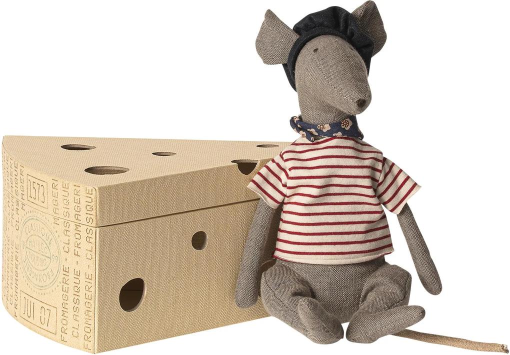 Maileg Lněná hračka v krabičce od sýru Rat Grey, šedá barva, krémová barva, papír, textil