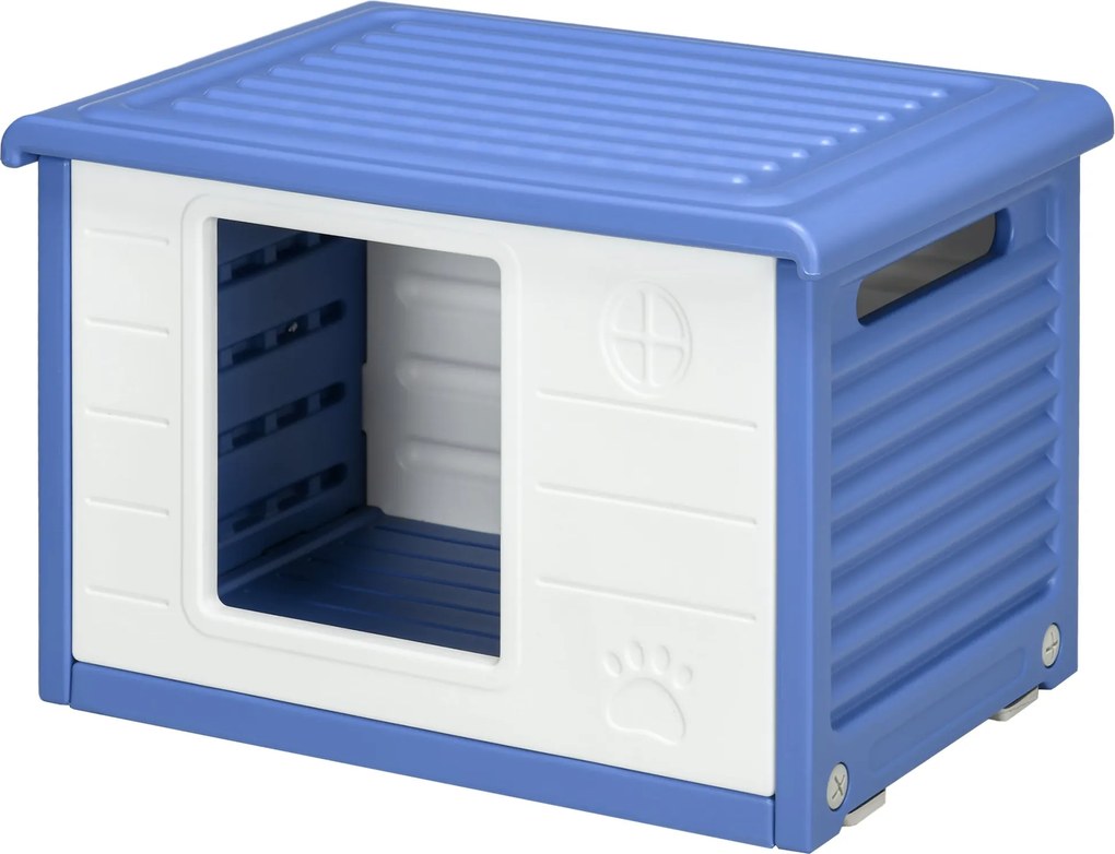 PawHut Venkovní Psí Bouda Plastový Úkryt pro Štěňata s Vodotěsnými Větracími Otvory, Rozměry 60D x 42Š x 40V cm Modrá a Bílá