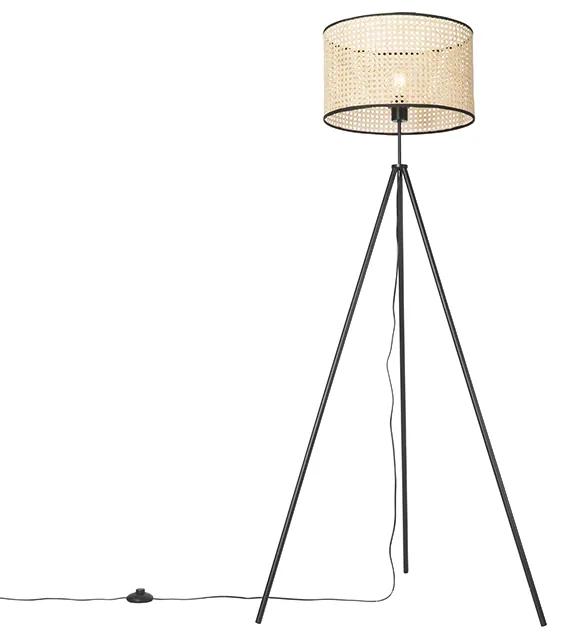 Venkovská stojací lampa stativ černá s ratanovým odstínem - Kata