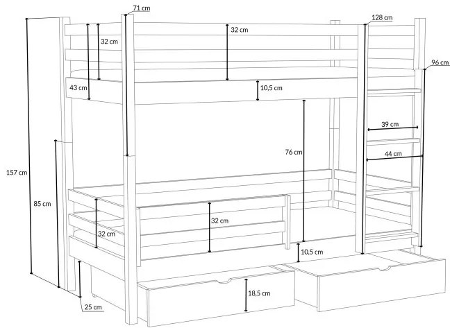 Dětská patrová postel z masivu borovice LEGEND PLUS se šuplíky - 200x90 cm - BÍLÁ