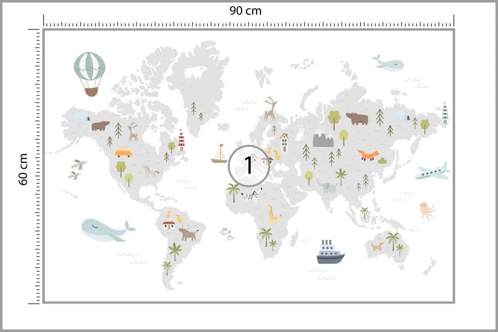 Fototapeta World Map With Cute Animals In Cartoon Style. Map For Nursery, Kids Room With Nature, Animals, Transports. Skandi Hladký vinyl 152.5x104