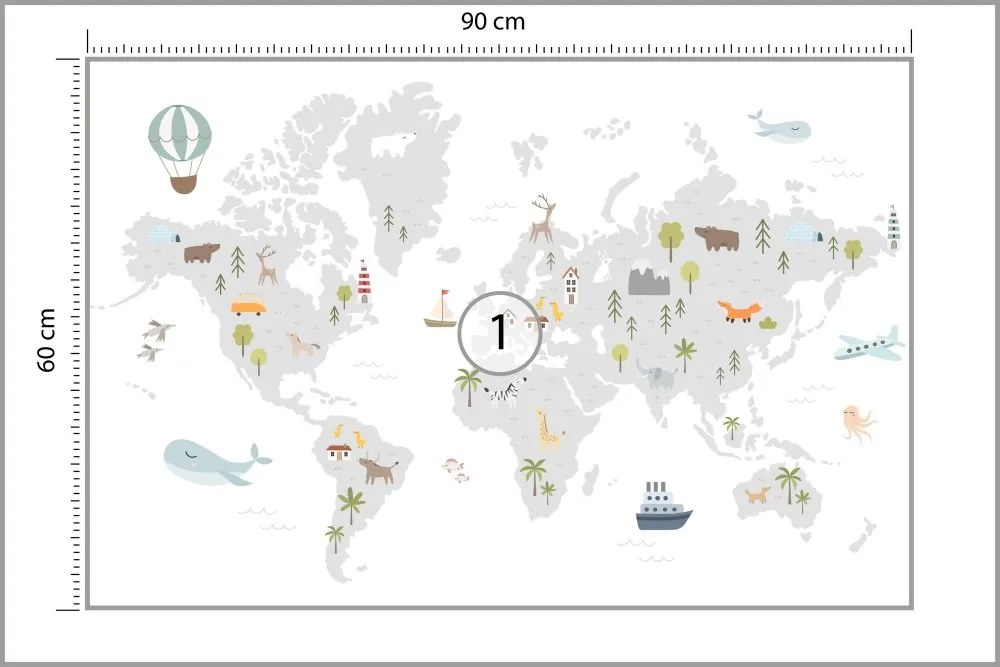 Fototapeta World Map With Cute Animals In Cartoon Style. Map For Nursery, Kids Room With Nature, Animals, Transports. Skandi Hladký vinyl 208x146