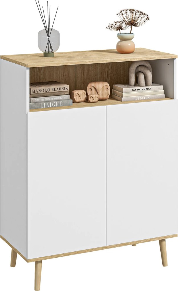 HOMCOM Úložná Skříň, Kuchyňský Buffet, s Nastavitelnou Policí, Skříňka se 2 Dveřmi, 80 x 38 x 102 cm, Skandinávský Design, Korkové Nohy, Bílá a Dřevěn
