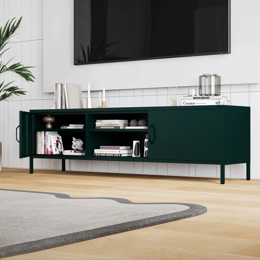 TV stolek kovový široký XL na nožkách, lahvově zelený, 1700x400x500 mm: ROSARIA