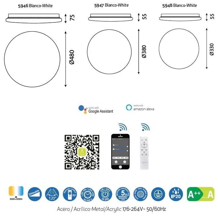 Mantra 5947A Zero Smart, stmívatelné stropní LED svítidlo s dálkovým ovladačem , 55W LED, prům 38cm, Bluetooth