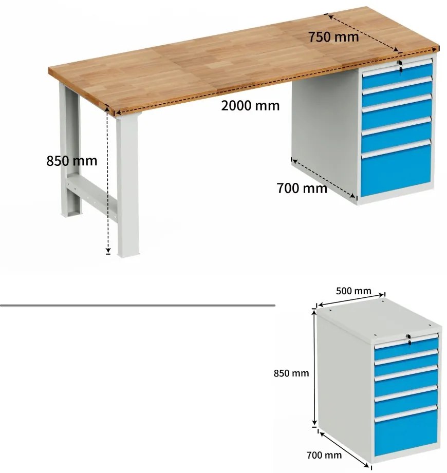 Dílenský stůl Enprag HD_01_205 - 5x zásuvka + noha