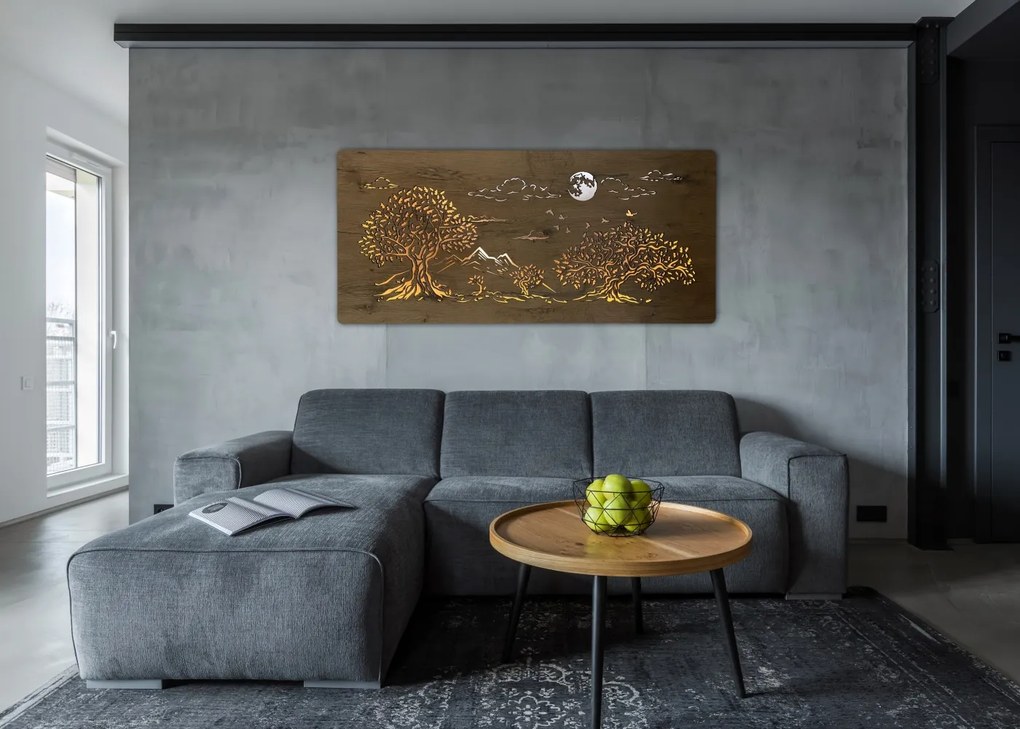 Li-Go "Čtyři duby a měsíc" světelný obraz s baterií a pohybovým čidlem 130x60 cm provedení povrchu: dub světlý