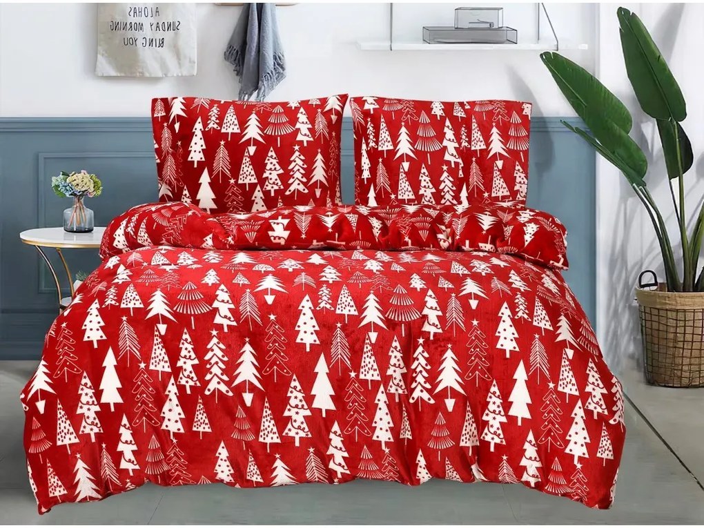 Povlečení mikroplyš CHRISTMAS TREES červené + prostěradlo mikroplyš SOFT 90x200 cm bílé