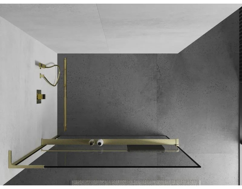Mexen Kioto+ L, sprchová zástěna Walk-In s poličkou a věšákem 50 x 200 cm, 8mm čiré sklo černý vzor, zlatý matný profil, 800-050-123-55-70