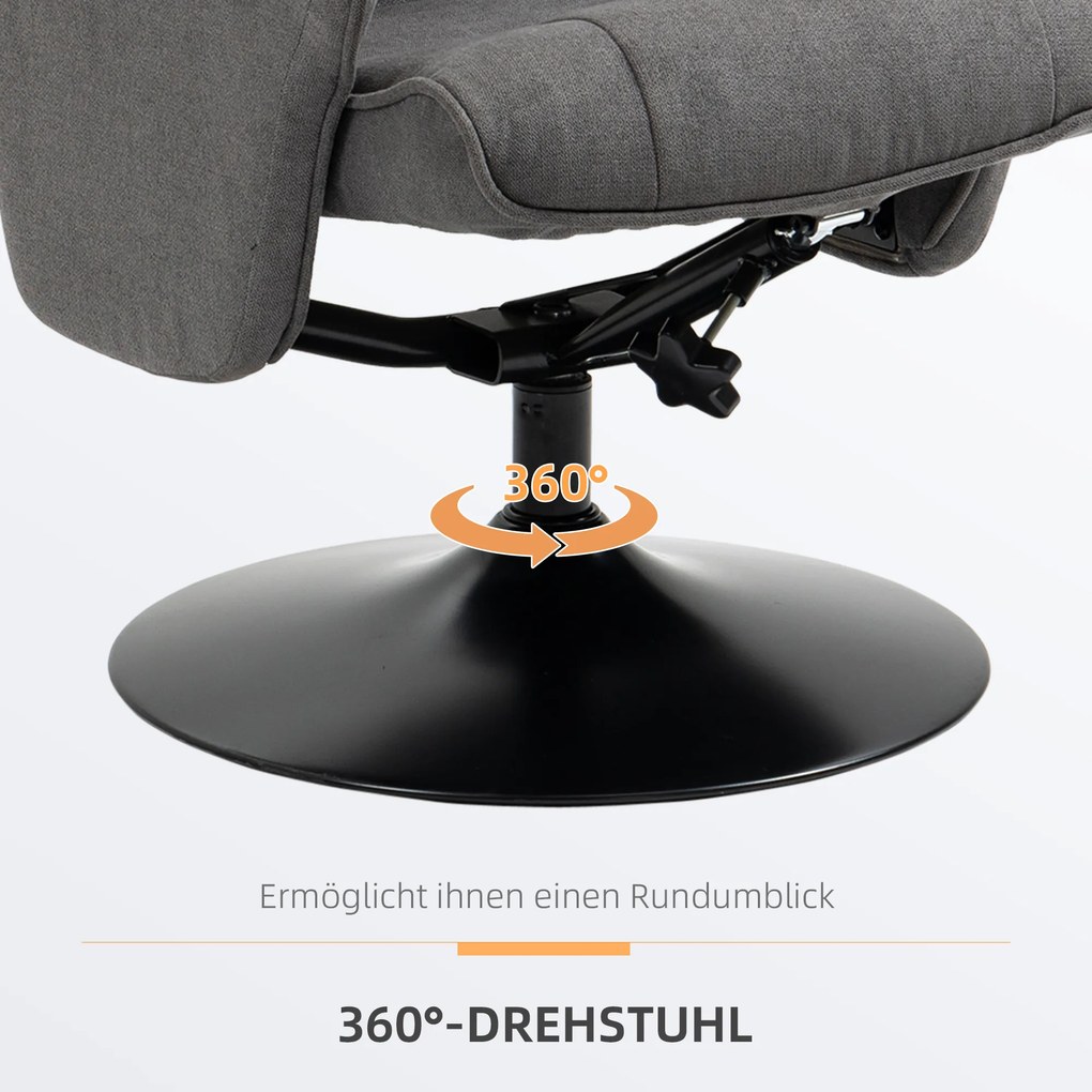 HOMCOM polohovací křeslo s podnožkou otočné o 360°, nastavitelné TV křeslo s taburetem, tmavě šedá pěna 69 x 71 x 104 cm
