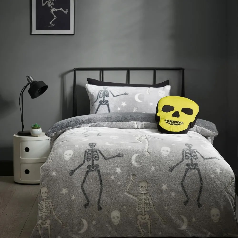 Šedé dětské povlečení se svítícím efektem na dvoulůžko z mikroplyše 200x200 cm Halloween Skeleton – Catherine Lansfield