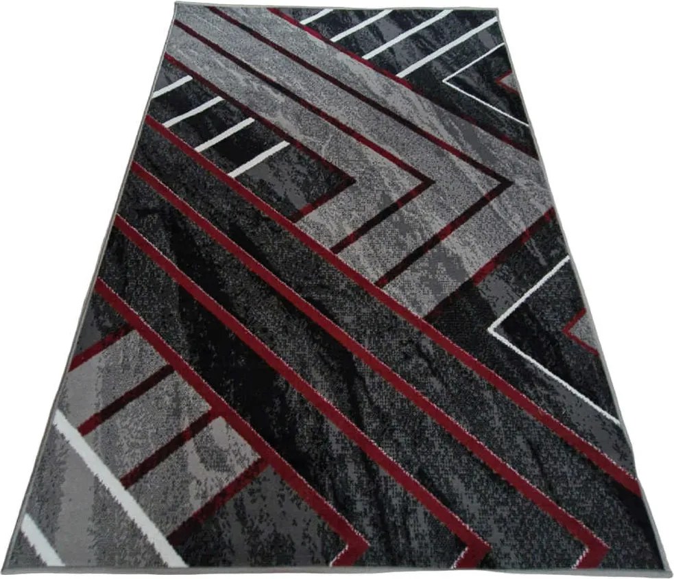 HU Šedý geometrický obdélníkový koberec NEW IDEA 90301-0564 s červenými čarami Rozměr: 50x80 cm