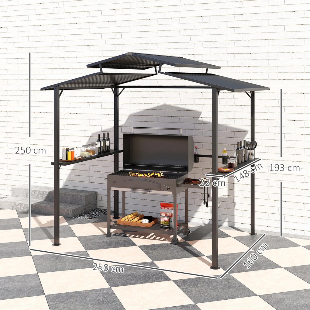 Grilovací Pavilion Outsunny 250 x 160 x 250 cm - Voděodolný Zahradní Pavilon s Dvojitým Středním Štítem, Bočními Policemi a UV Ochrannou, BBQ Pavilio…