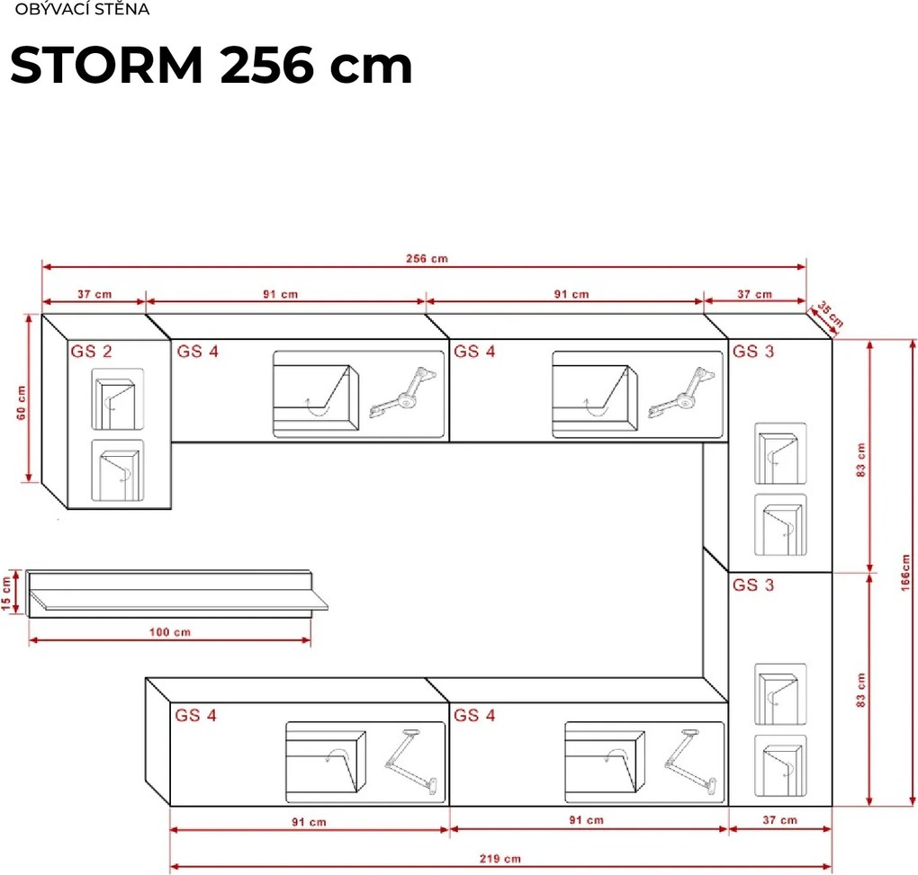 Ral Obývací stěna STORM 256 cm - Bílý lesk + Černá police