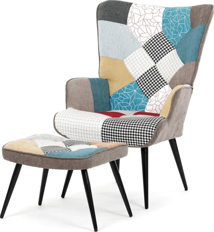 Relaxační křeslo ušák s taburetem ROYAL II — kov, látka, patchwork