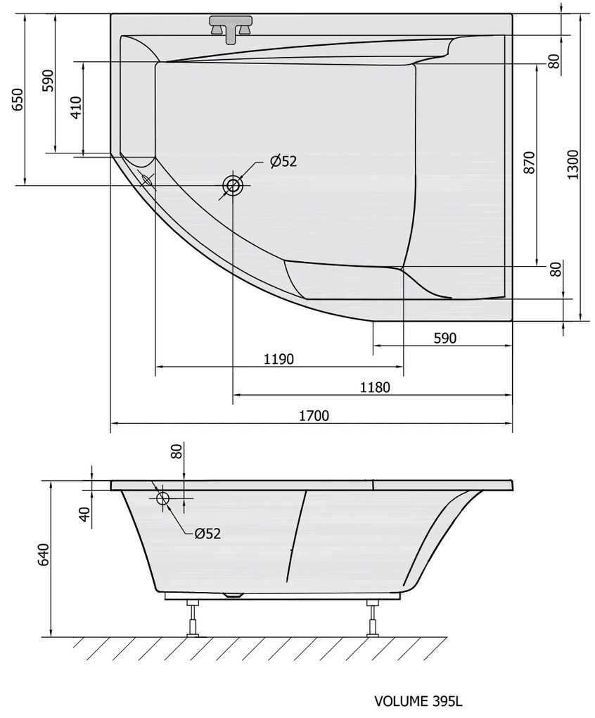 Polysan TANDEM R asymetrická vana 170x130x50cm, bílá 97611