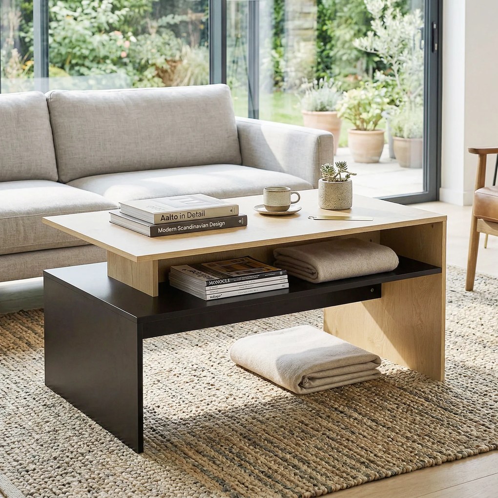 HOMCOM Moderní dvoubarevný konferenční stolek s posunutými úrovněmi a odkládacím prostorem, 95 x 55 x 50 cm, přírodní dřevo a černá