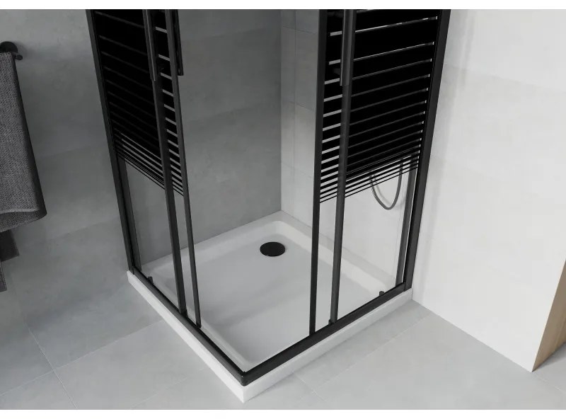 Mexen Rio, čtvercový sprchový kout 80(dveře)x80(dveře)x190 cm, 5mm čiré sklo-vzor pásky, černý profil + bílá sprchová vanička SLIM, 860-080-080-70-20-4010B