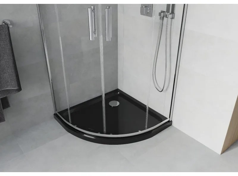 Mexen Rio, čtvrtkruhový sprchový kout s posuvnými dveřmi 90 x 90 cm, 5mm čiré sklo, chromový profil + černá sprchová vanička, 863-090-090-01-00-4170